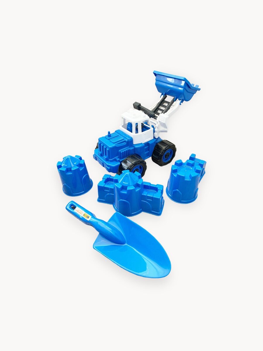 Набор для песочницы: Трактор с грейдером 32 см + 3 формочки Крепость, совок / Полесье (синий)