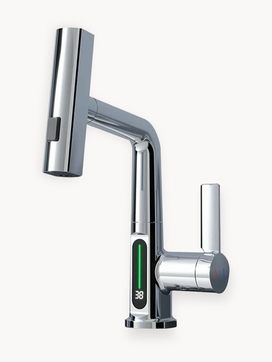 Смеситель для кухни с гибким изливом Senat Silver серебристый, выдвижной кран для раковины с дисплеем