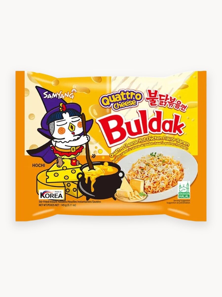 Лапша быстрого приготовления Samyang Buldak "Quattro Cheese", пшеничная, острая, со вкусом 4 сыра