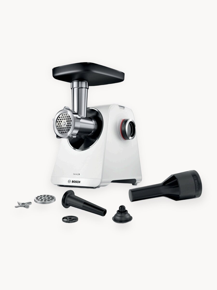 Мясорубка электрическая Bosch MFWS607W, Serie 6, 4 насадки, 3,5 кг/мин, 2100 вт, защита от перегрева, белая