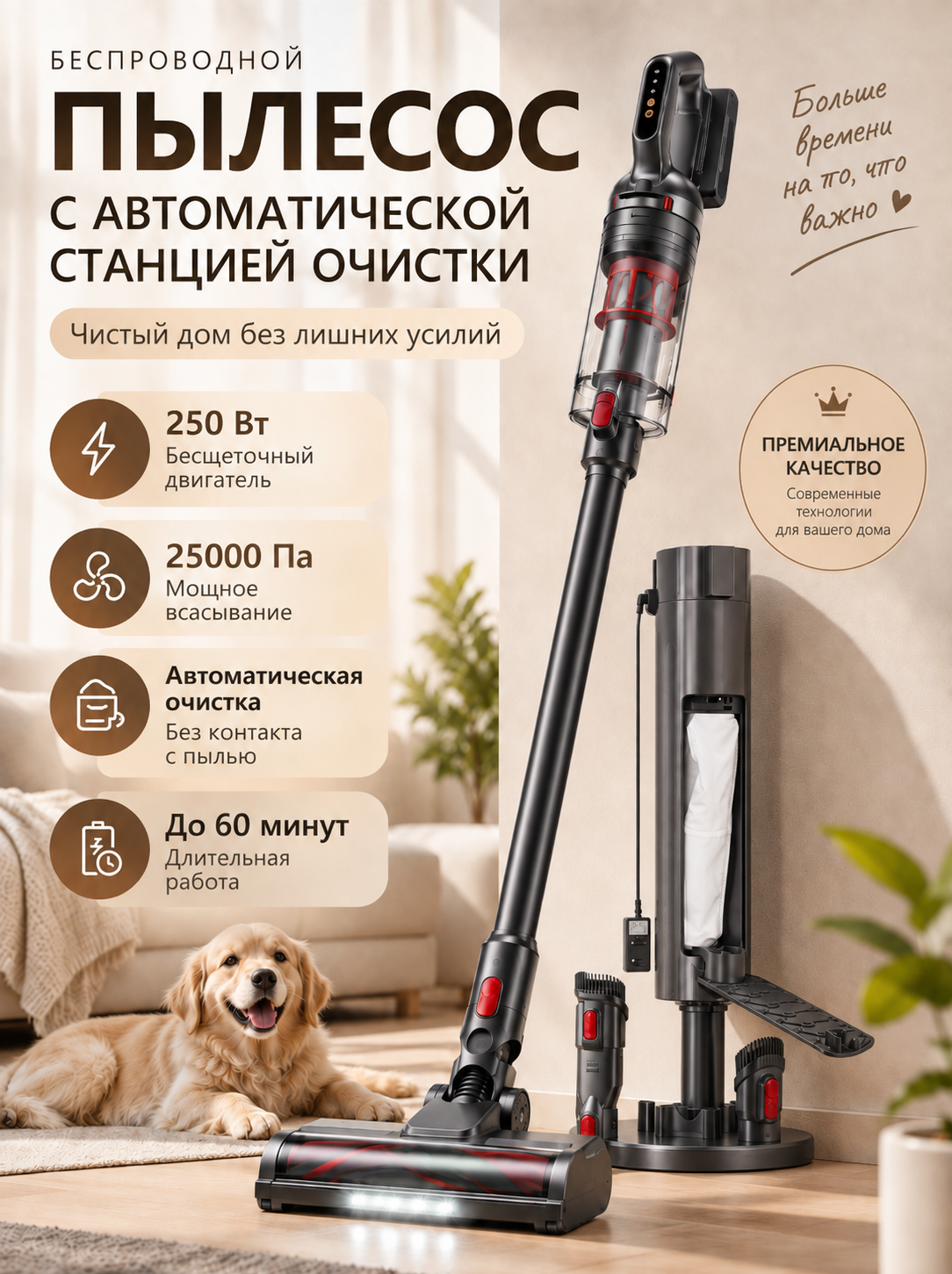 Беспроводной пылесос с базой автоочистки, 250 Вт, всасывание до 25000 Па, зеленая подсветка, самоочистка, для дома