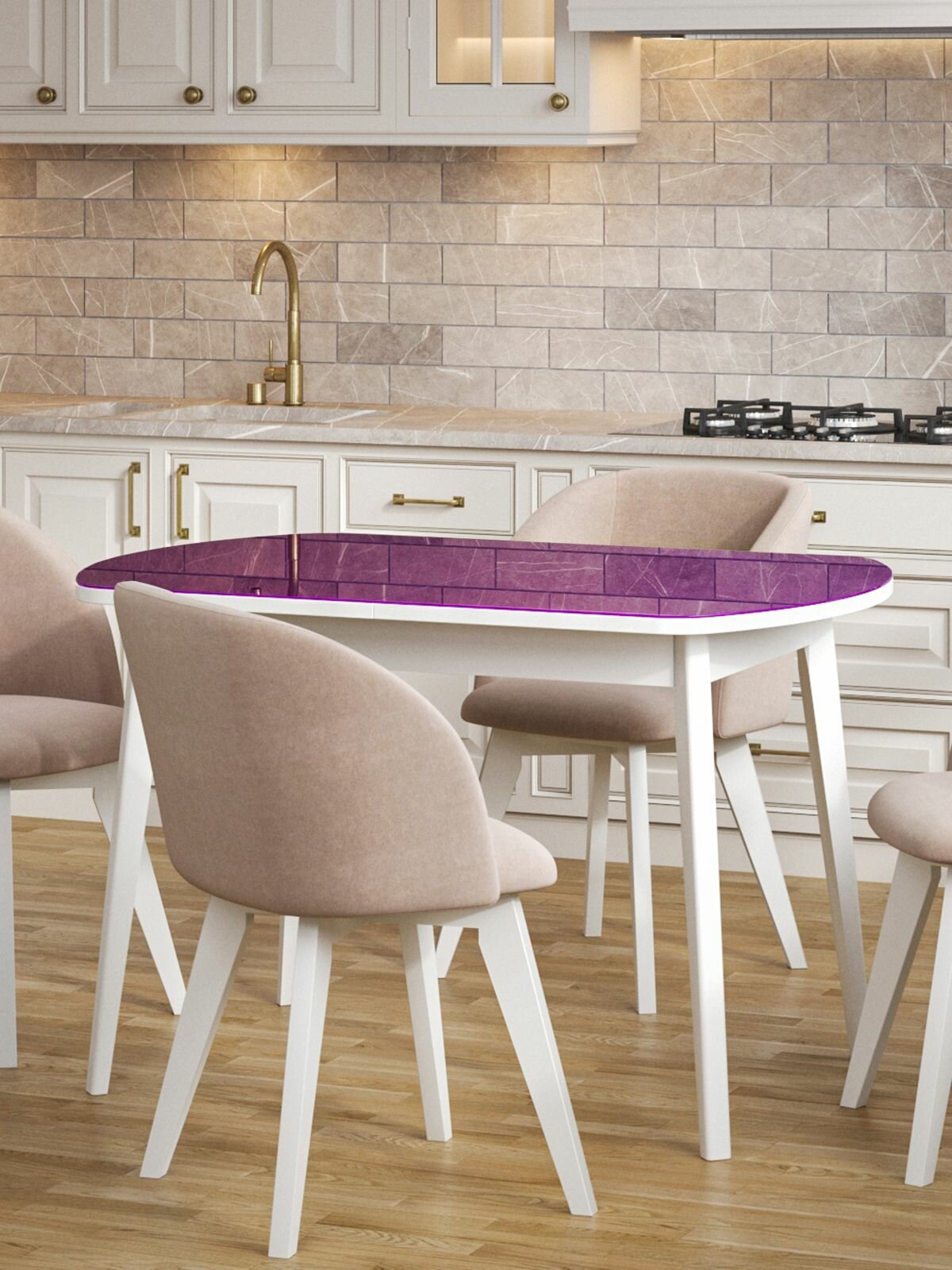 Стол кухонный обеденный ПГ 02 СТ ЛДСП: Белое - Стекло фиолетовое