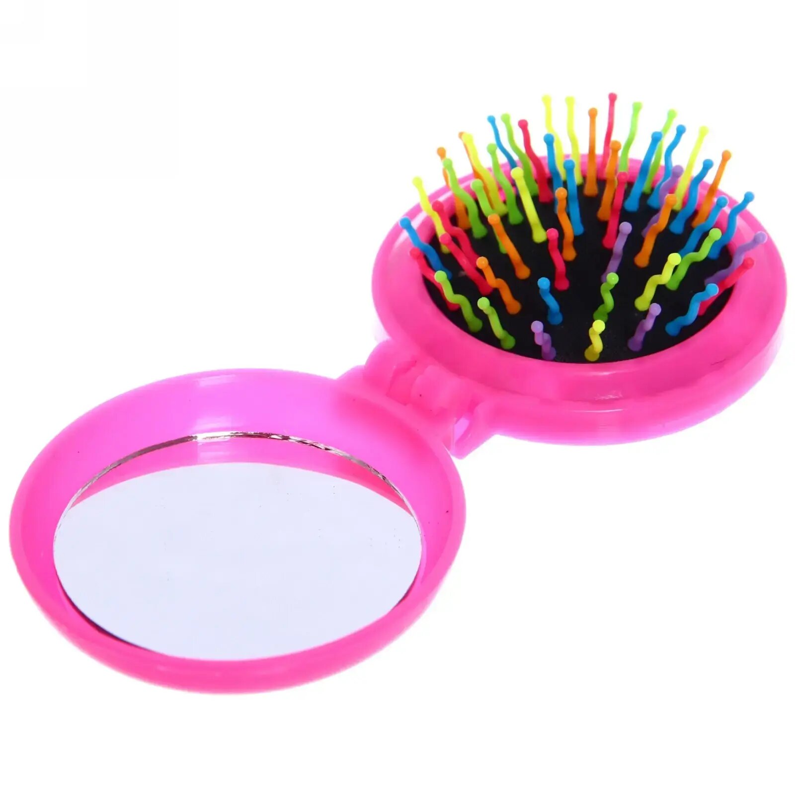 Расческа массажная складная с зеркалом, d-6,5см, разноцветные зубья, удобство в дороге