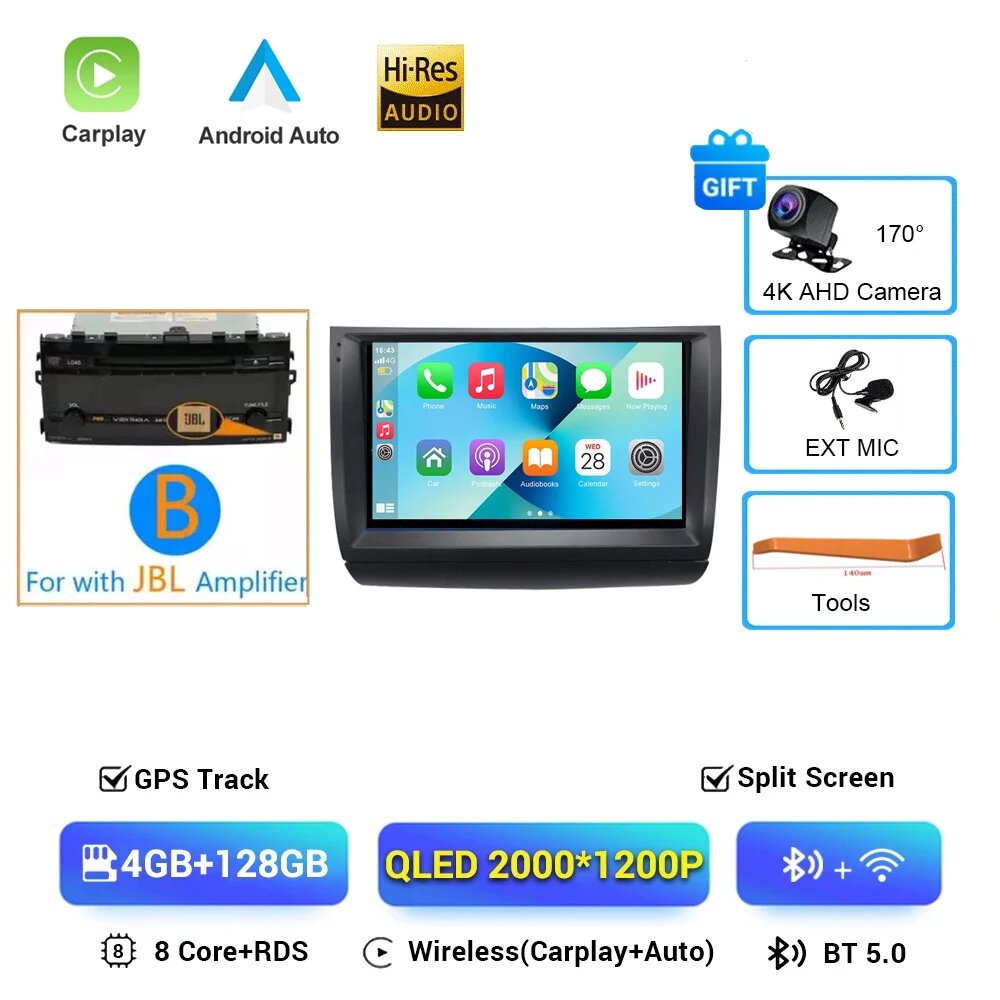 Авторадио Carplay 2 din Android 16 для Toyota Prius 20 2003-2009, автомобильный B-4G-128G CAM