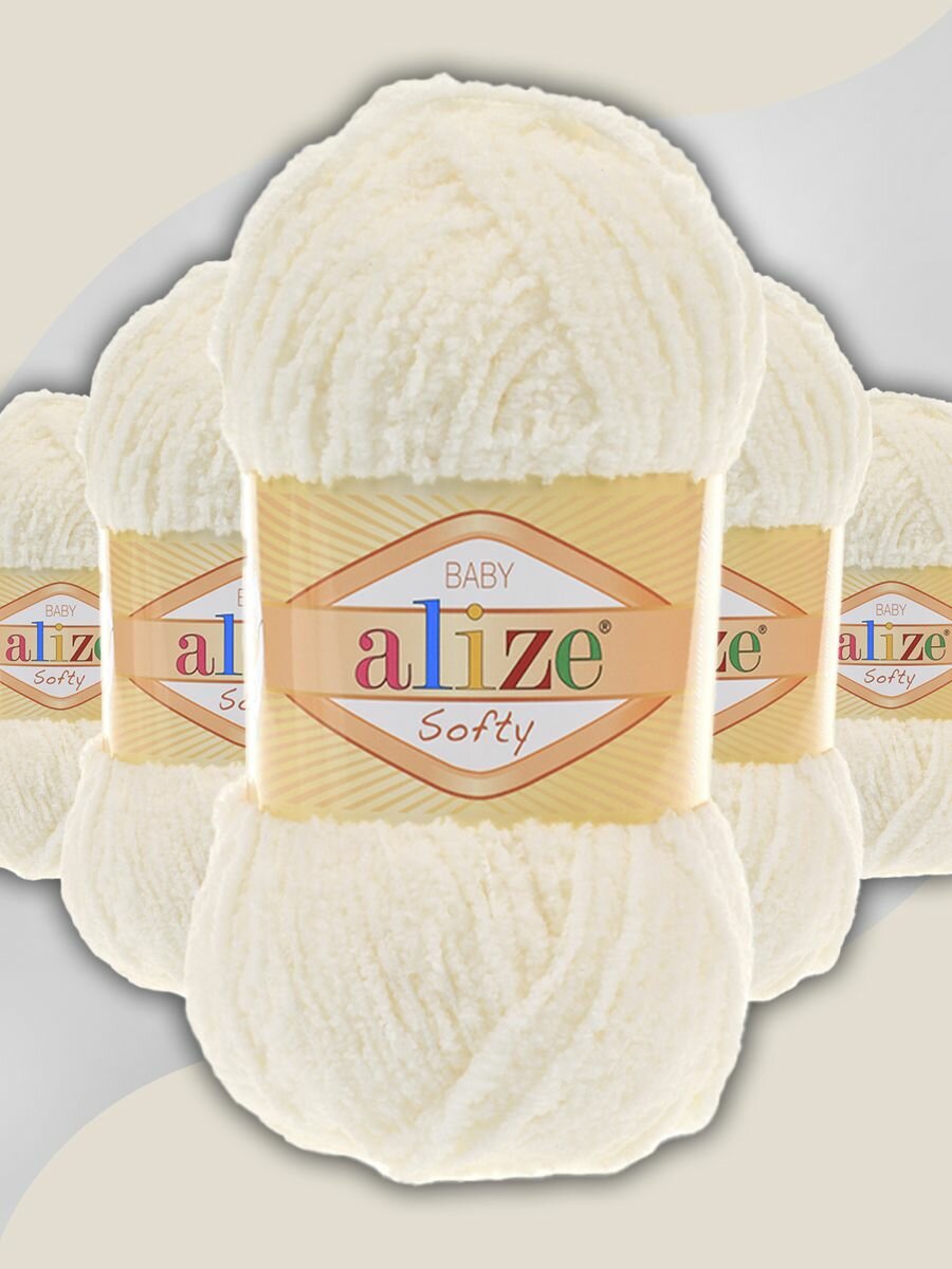 Пряжа для вязания Alize Softy плюшевая, цвет 62 молочный, 50 г / 115 м, 5 мотков