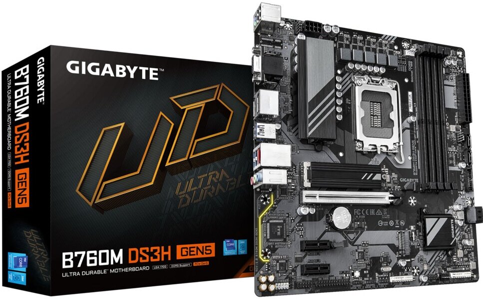 Материнская плата Gigabyte B760M DS3H GEN5 Soc-1700 Intel B760 4xDDR5 mATX AC`97 8ch(7.1) 2.5Gg RAID+VGA+HDMI+DP