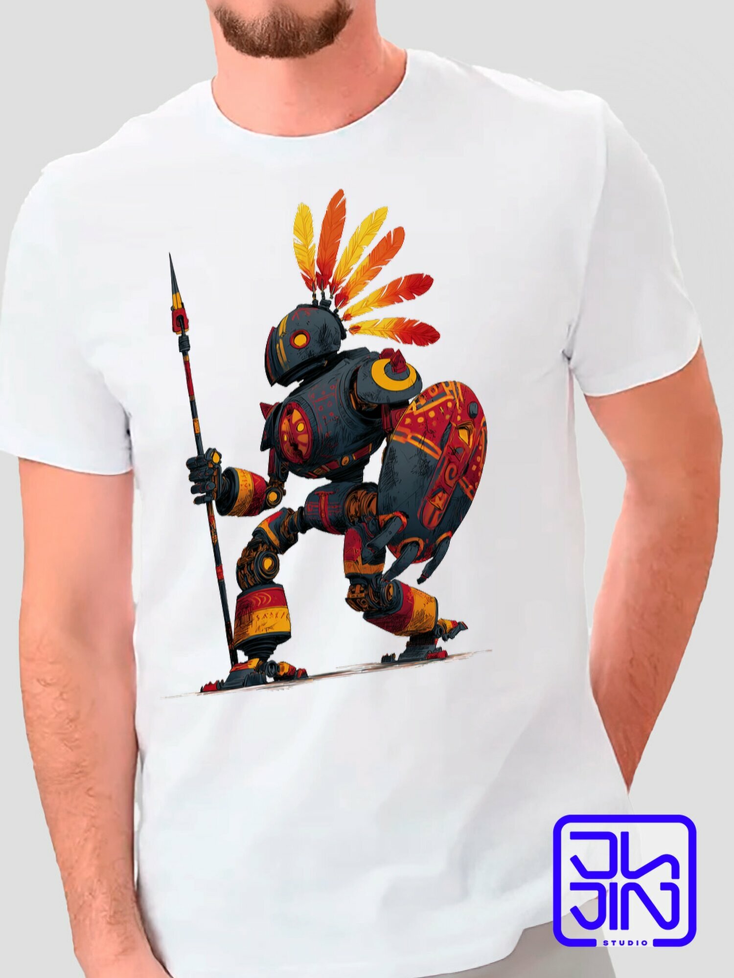 Футболка классическая мужская с авторским принтом Робот этнический черно-красный с пестрым щитом и агрессивным копьем, белый хлопковый трикотаж с прикольным рисунком на груди