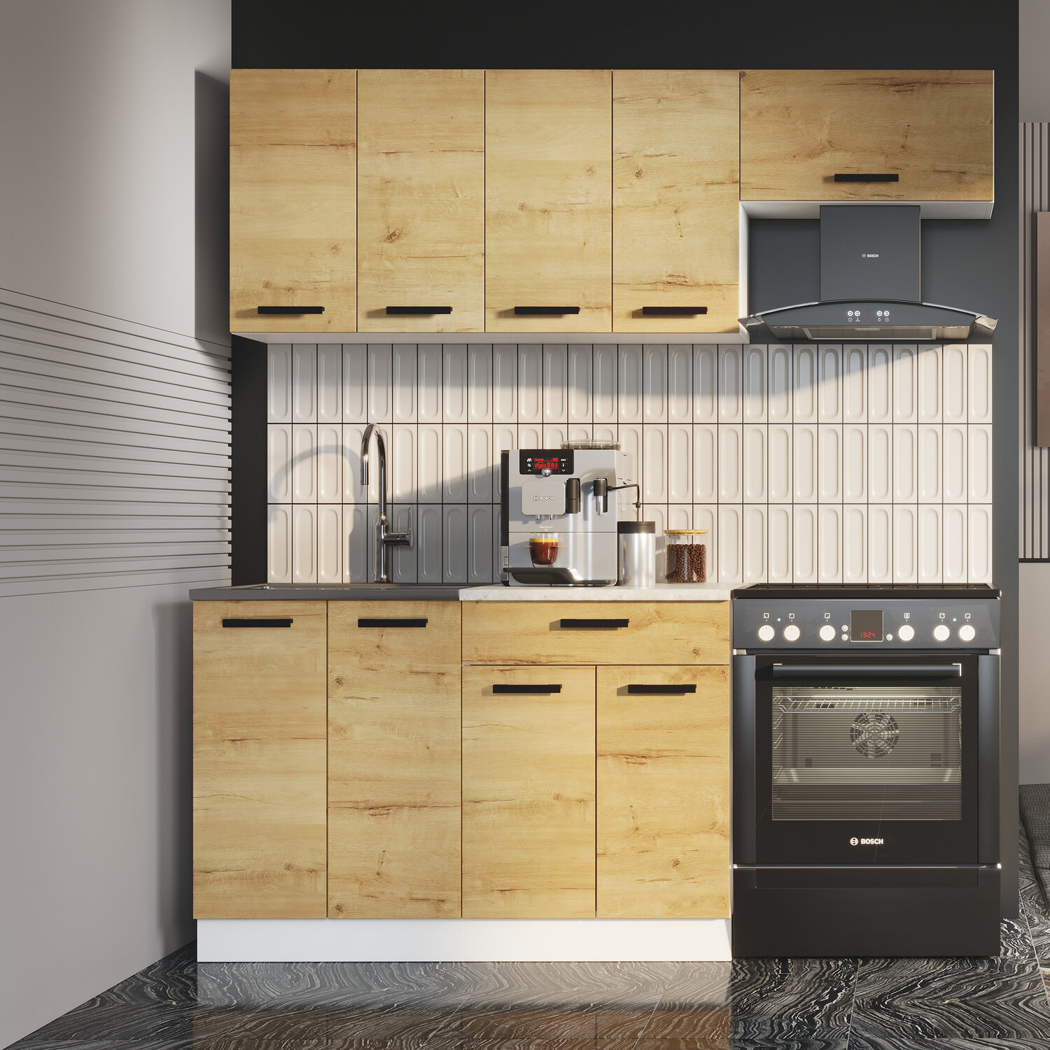 Кухонный гарнитур, кухня, готовый комплект Хозяюшка 1.2 м + ГАЗ600 Дуб Вотан