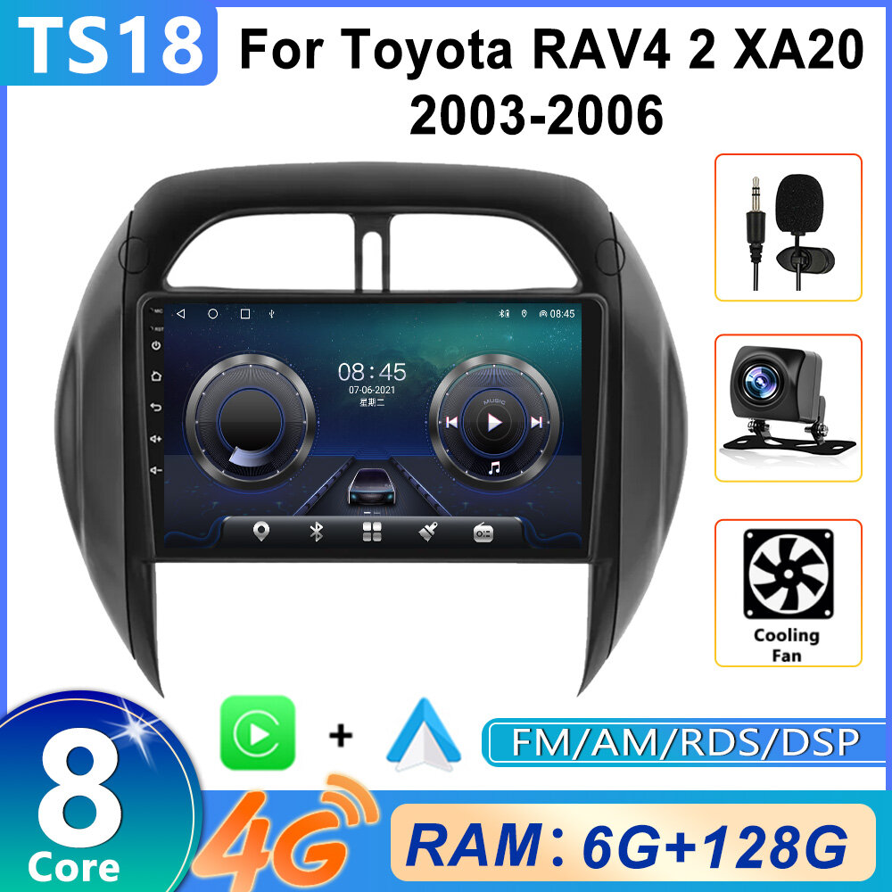 Автомагнитола для Toyota Rav4 II (XA20) (2003-2006) Android 6+128G/4G sim, Bluetooth, WiFi, IPS экран, FM/AM, Сенсорные кнопки, Carplay/android auto