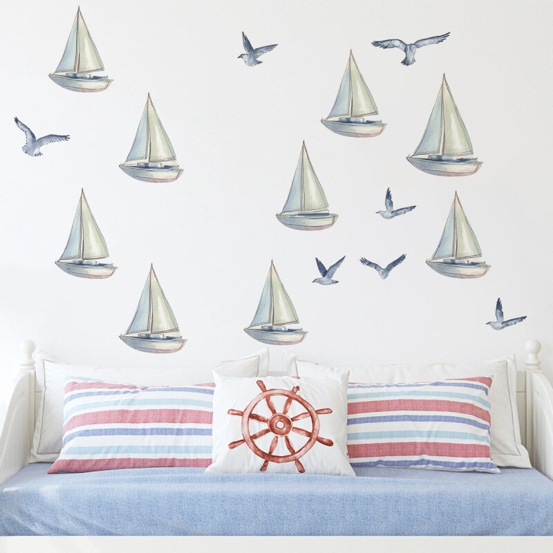 Наклейки на стену с изображением мультяшного парусника, минималистичные обои с чайкой, самоклеящиеся съемные наклейки на стену из ПВХ в морском стиле для детской спальни, гостиной, игровой комнаты, кабинета, 3 листа, 105x60 см