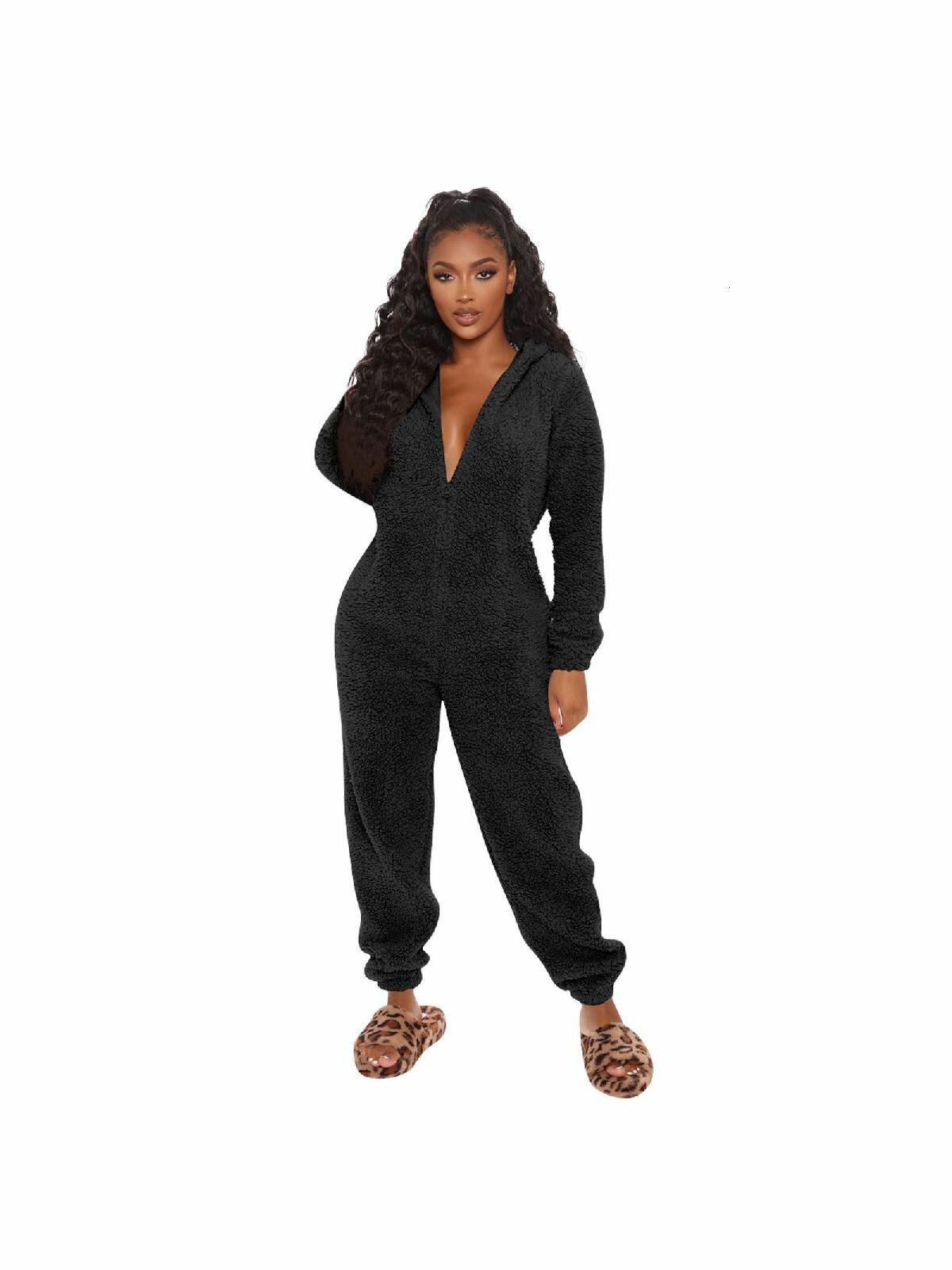Женский флисовый комбинезон с капюшоном, Черный - 5XL