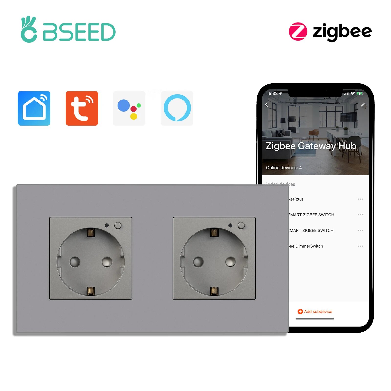 Умная розетка BSEED ZigBee двойная синяя подсветка