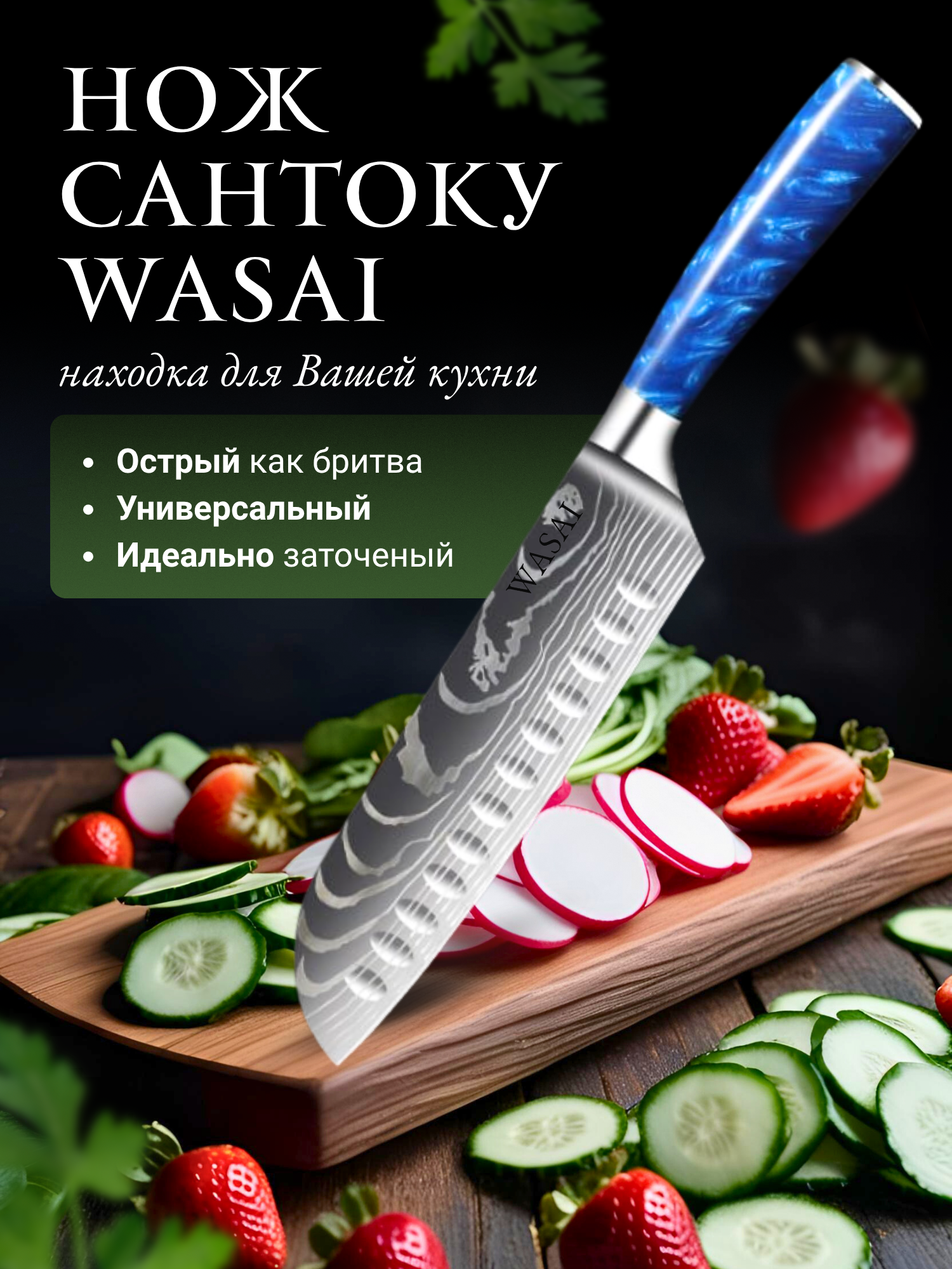 Японский кухонный нож сантоку WASAY (18 см, голубая рукоять из дерева PAKKA, трехслойная сталь)