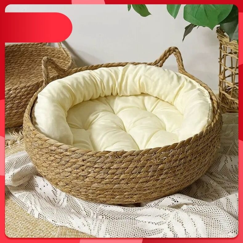 Эксклюзивное всесезонное гнездо для кошек L из белого ротанга комплектуется плетеной подушкой