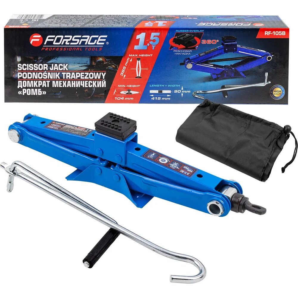Домкрат механический ромб Forsage 1,5т с резиновой накладкой (h min 104мм, h max 385мм, L-415мм) F-RF-105B(59254)