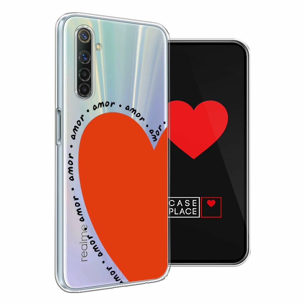 Чехол на Realme 6 / Реалми 6 с принтом "amor heart 2 - 14 февраля", прозрачный — фото 1