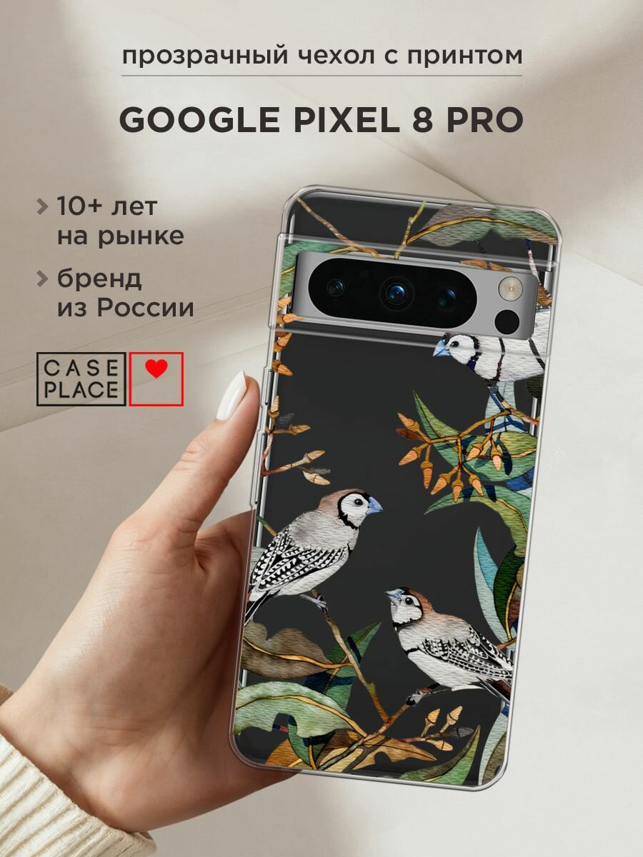 Чехол на Google Pixel 8 Pro / Гугл Пиксель 8 Про с принтом "Птицы в листве", прозрачный