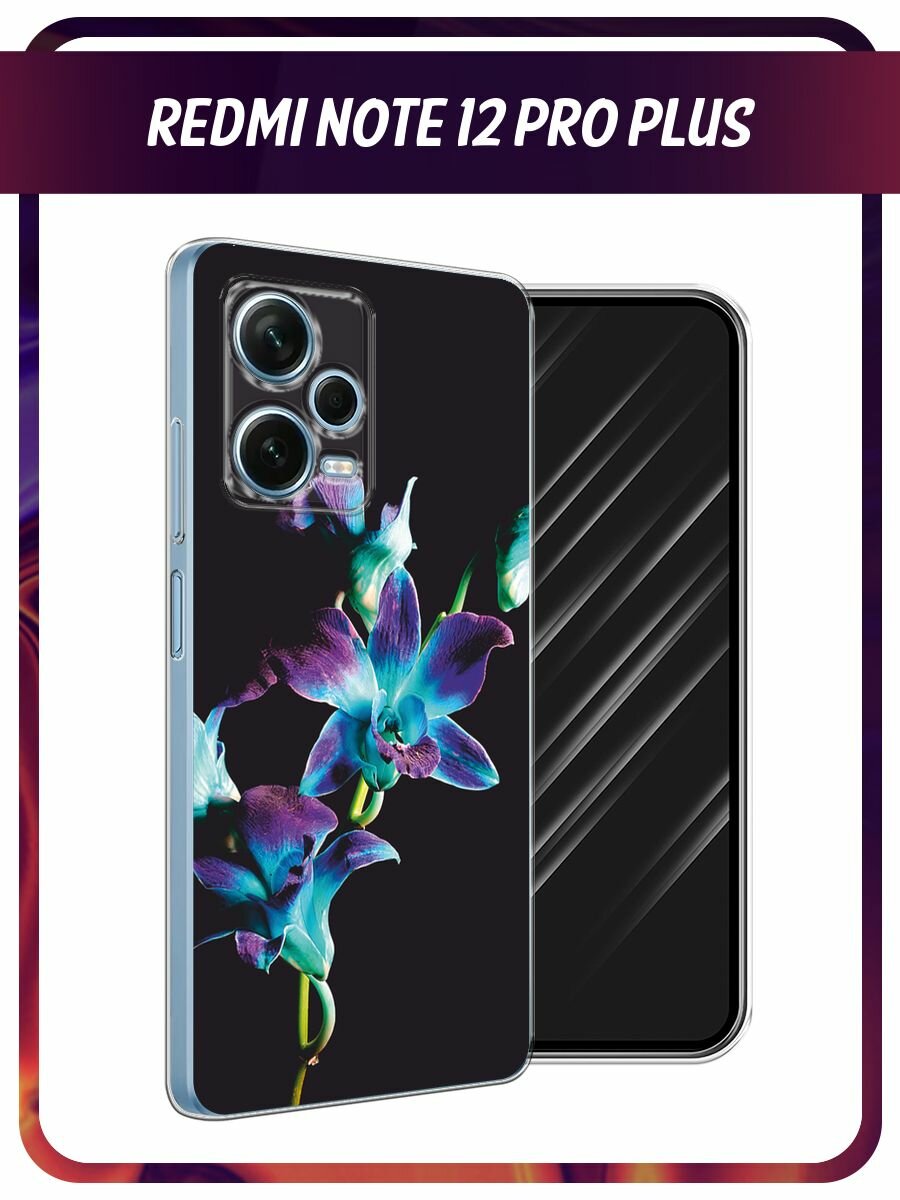 Чехол на Xiaomi Redmi Note 12 Pro Plus / Сяоми Редми Нот 12 Про Плюс с принтом "Синий цветок на черном"