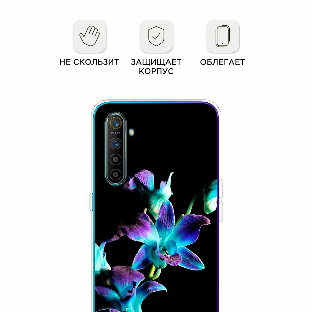 Чехол на Realme XT / Реалми XT с принтом "Синий цветок на черном" — фото 1