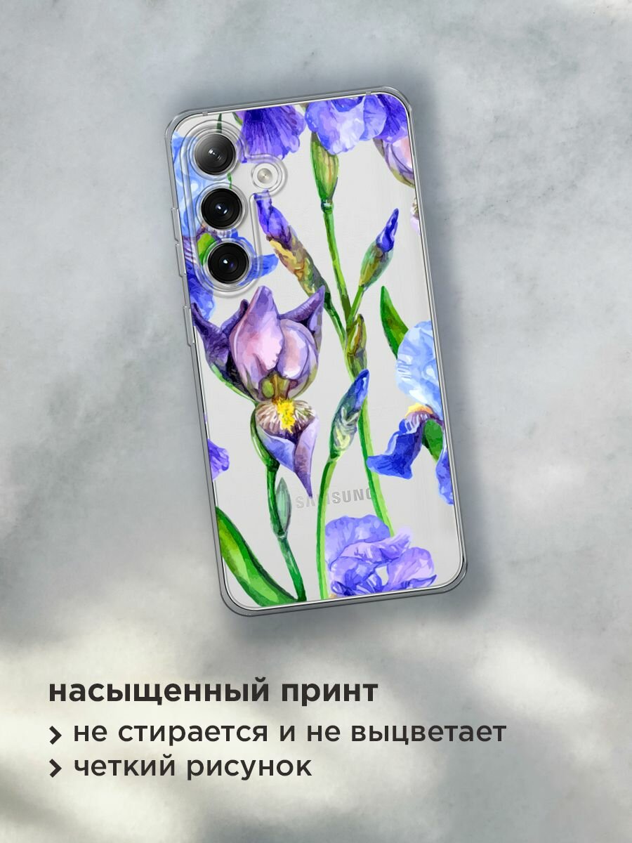 Чехол на Samsung Galaxy S24 / Самсунг S24 с принтом "Синие ирисы", прозрачный — фото 1