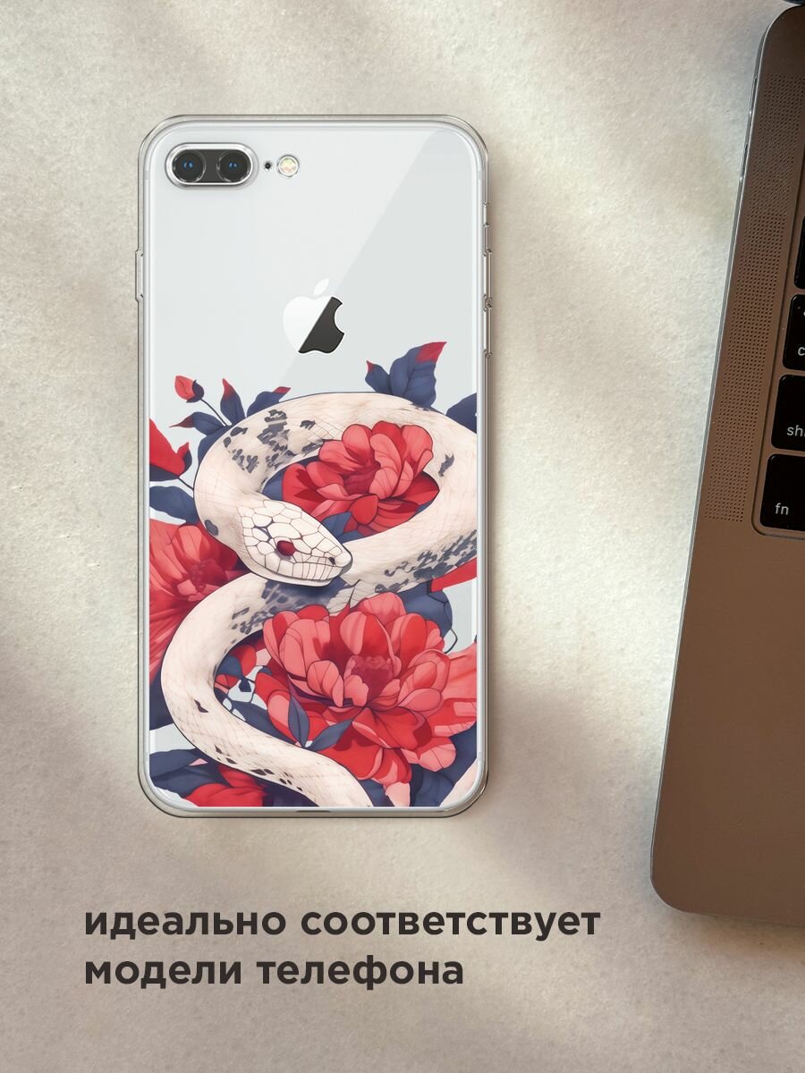 Чехол на Apple iPhone 7 Plus / Айфон 7 Плюс с принтом "Белая змея в цветах", прозрачный — фото 1