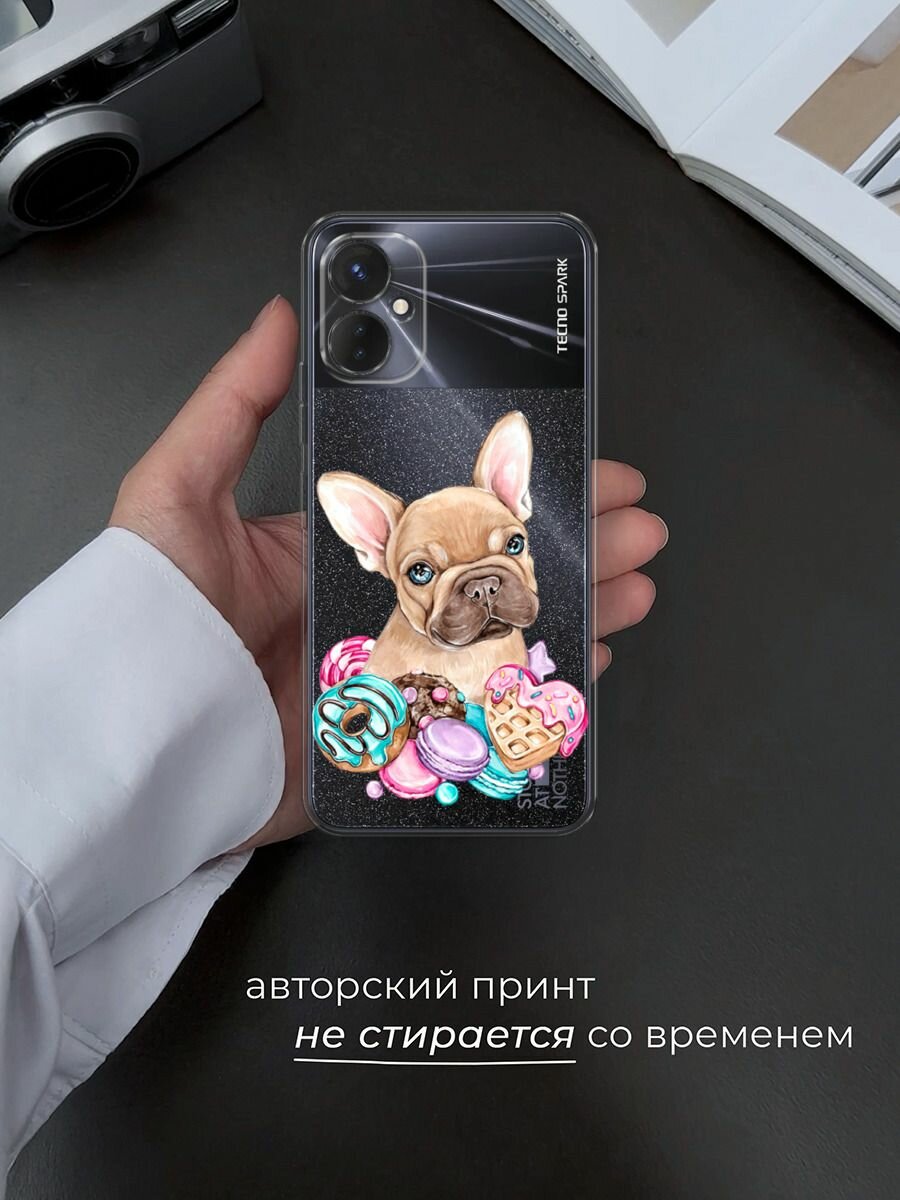 Чехол на Tecno Spark 9 Pro / Техно Спарк 9 Про с принтом "Бульдог и сладости", прозрачный — фото 1