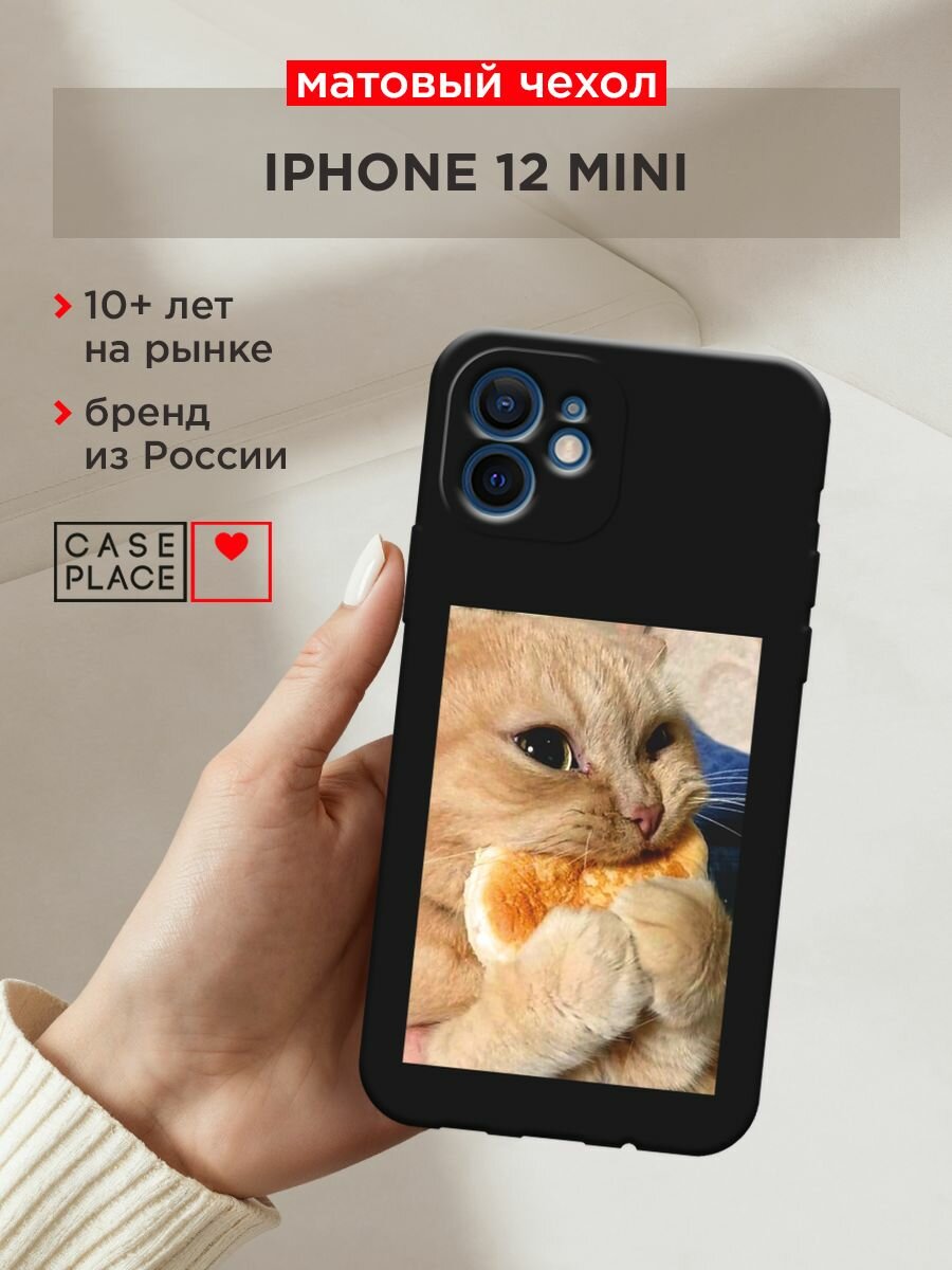 Черный матовый чехол на Apple iPhone 12 mini / Айфон 12 Мини с принтом "Котик кушает"