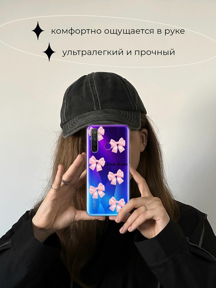 Чехол на Realme 5 Pro / Реалми 5 Про с принтом "Pink Bows", прозрачный — фото 1