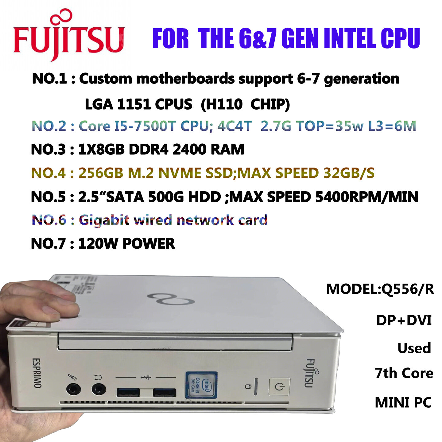 FUJITSU Esprimo Q556/R WHITE (H110 CORE i5-7500T CPU+1x8 г DDR4 2400 Оперативная память + 256 г M. 2 NVME SSD + 500 г HDD) lga 1151 мини ПК intel