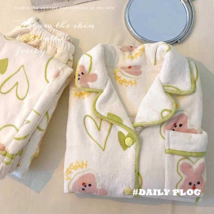 Пижама из флиса кораллового цвета в горошек, французского стиля, женская зимняя, теплая, фланелевая, для дома, зимний костюм