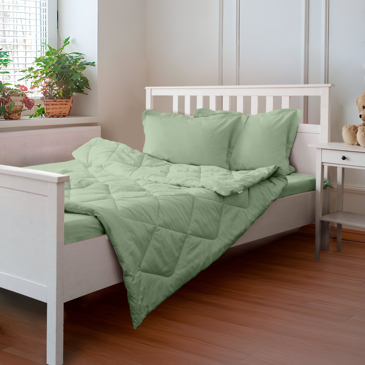 Постельное бельё сатин с одеялом 2 наволочки шалфей, размер 140 х 205 см