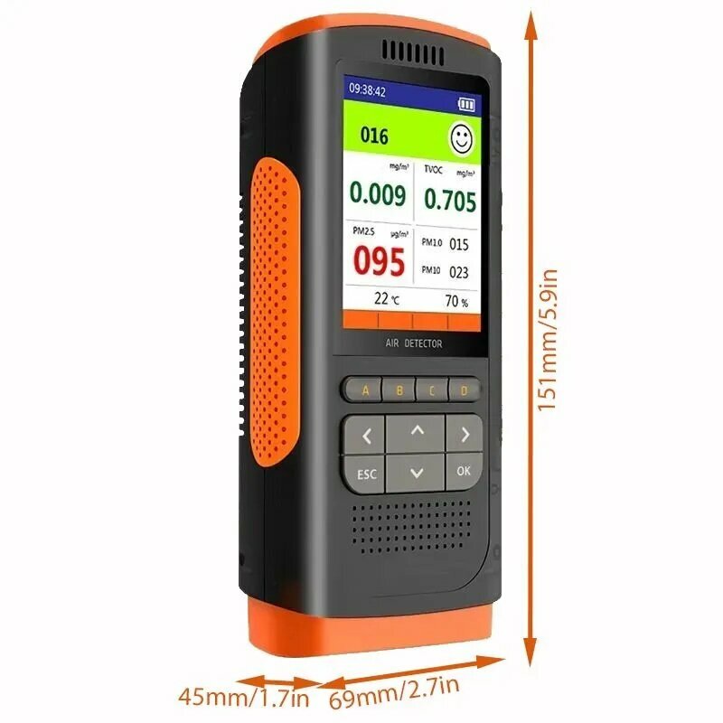 Переносной монитор качества воздуха, концентрации микрочастиц PM1.0/PM2.5/PM10, формальдегида, летучих органических веществ. Индикатор температуры и влажности.-KGD