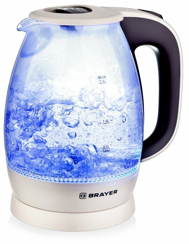 Чайник BRAYER BR1045BN, 1,8 л, 2200 Вт, закрытый нагревательный элемент, стекло, бежевый (456077)