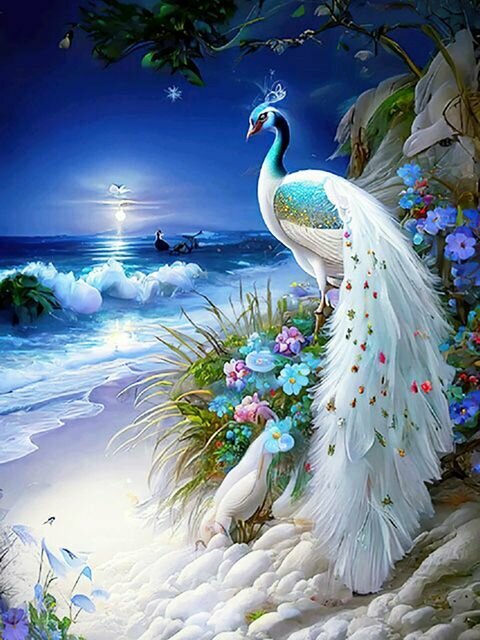 Алмазная картина "Павлины" алмазная огранка 40х50 см,40X50CM, белый