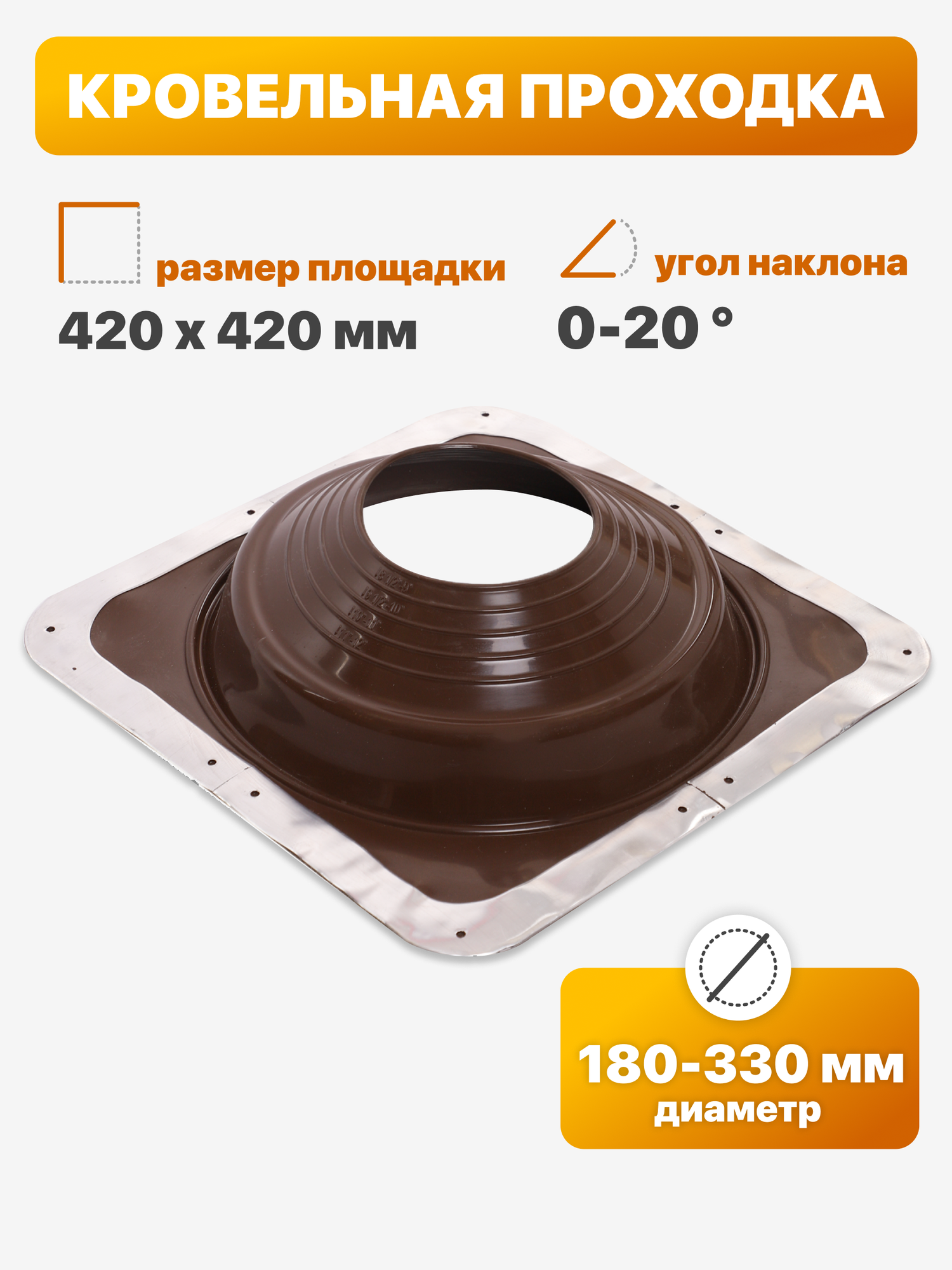 Уплотнитель кровли (кровельная проходка) №8 прямой 180-330мм 420х420мм коричневый
