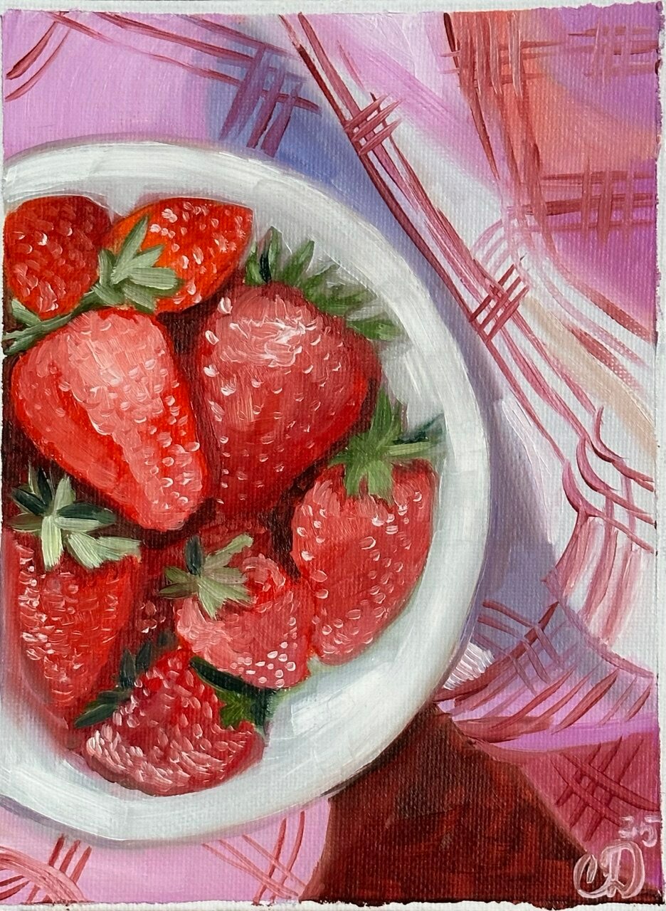 Картина маслом Клубника на блюде, интерьерная картина, размер 20*15