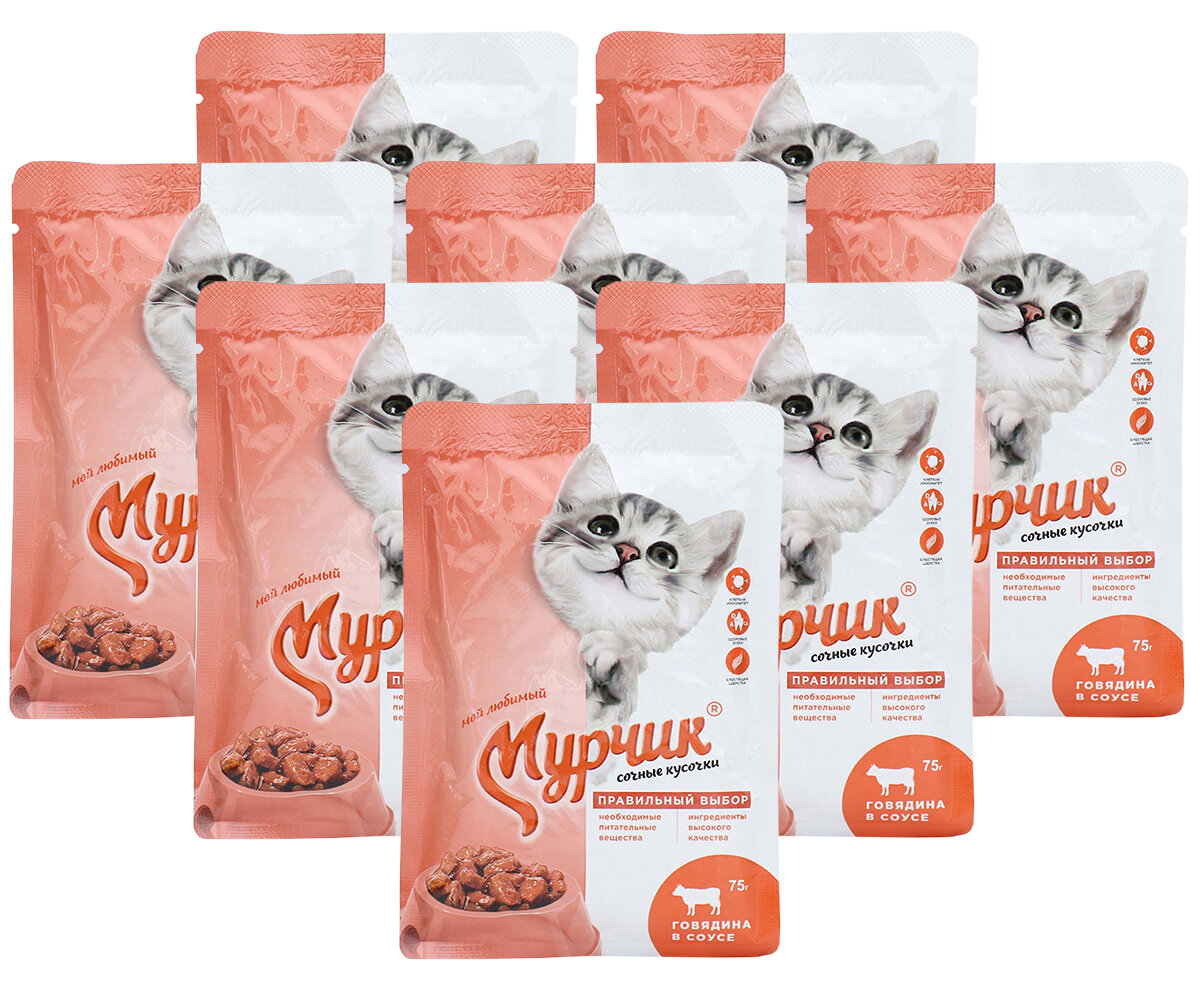 Корм влажный Мурчик для взрослых кошек, говядина, пауч, 75 гр х 8 шт