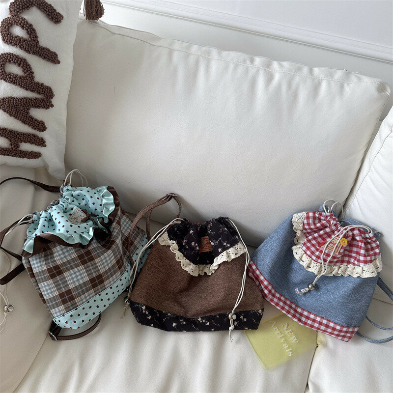 Spired nylon lace small backpack with drawstring closure for casual day trips brown — фото 1