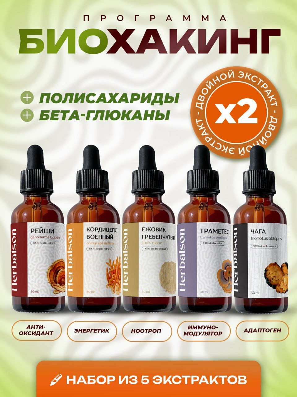 Набор экстрактов Ежовик, Кордицепс, Рейши, Траметес, Чага, 30мл