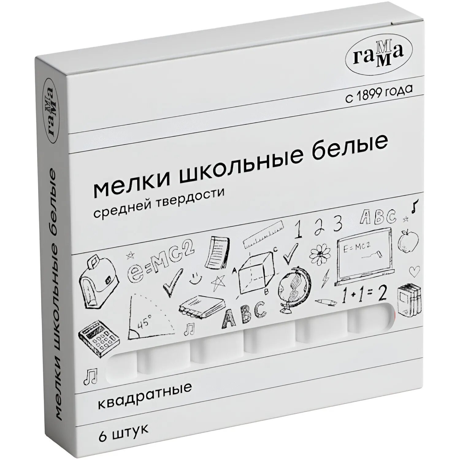 Мел школьный Гамма, бел, наб.6шт, средн тверд, квадратн, картон кор,280120214