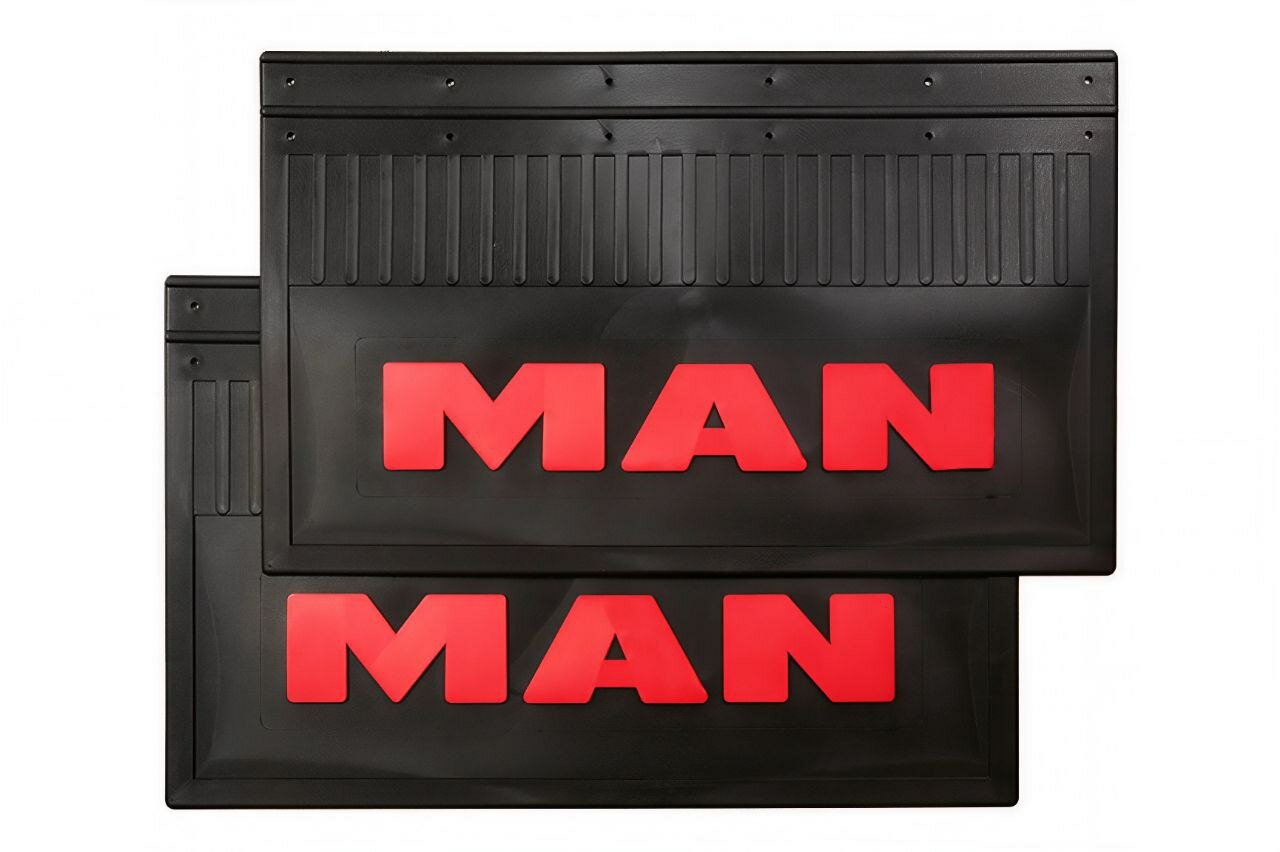 Брызговики MAN 590x365 LUX, задние, комплект 2 шт, с логотипом, черные, красные