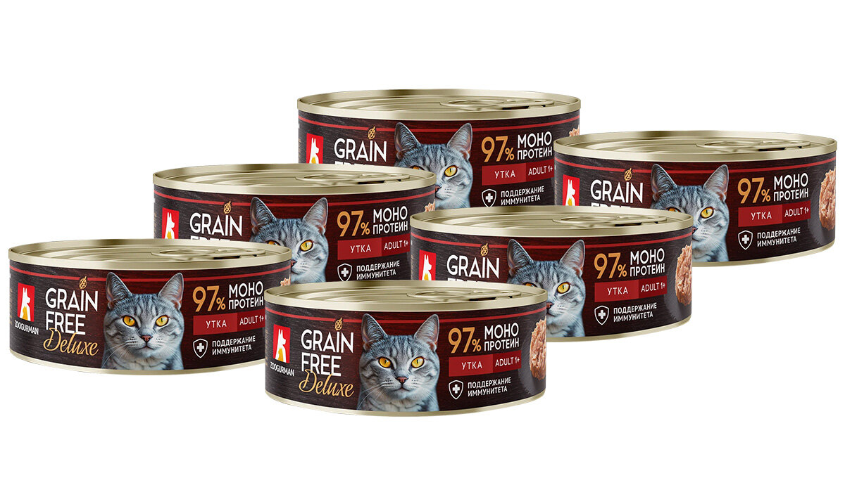 Корм влажный Зоогурман Grain Free Deluxe беззерновые для взрослых кошек, утка, 100 г х 6 шт