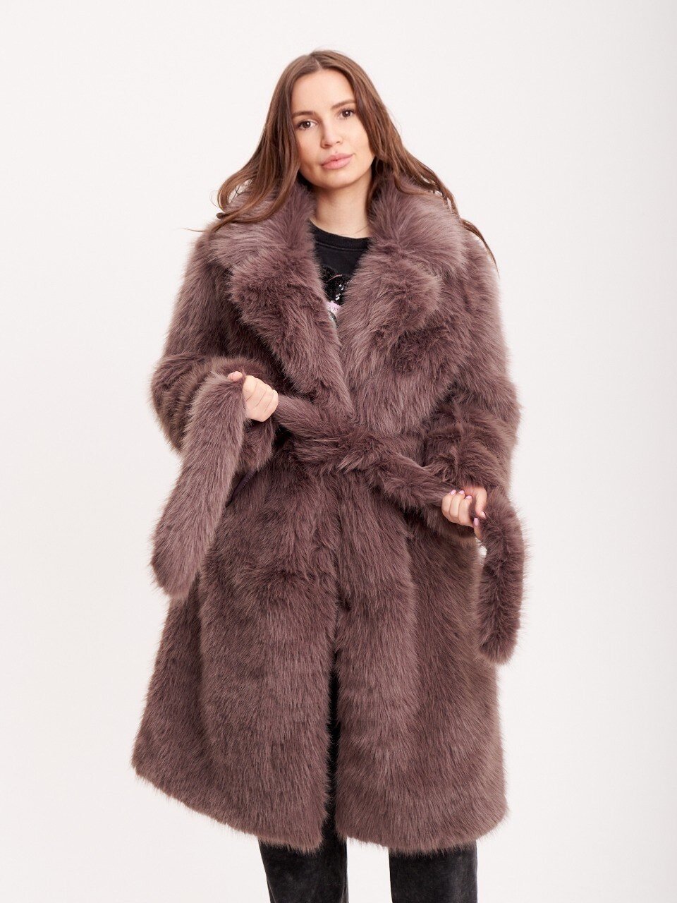 Полушубок Полушубок Шуба длинная темно-серая с поясом из экомеха рассчитана до-15 градусов