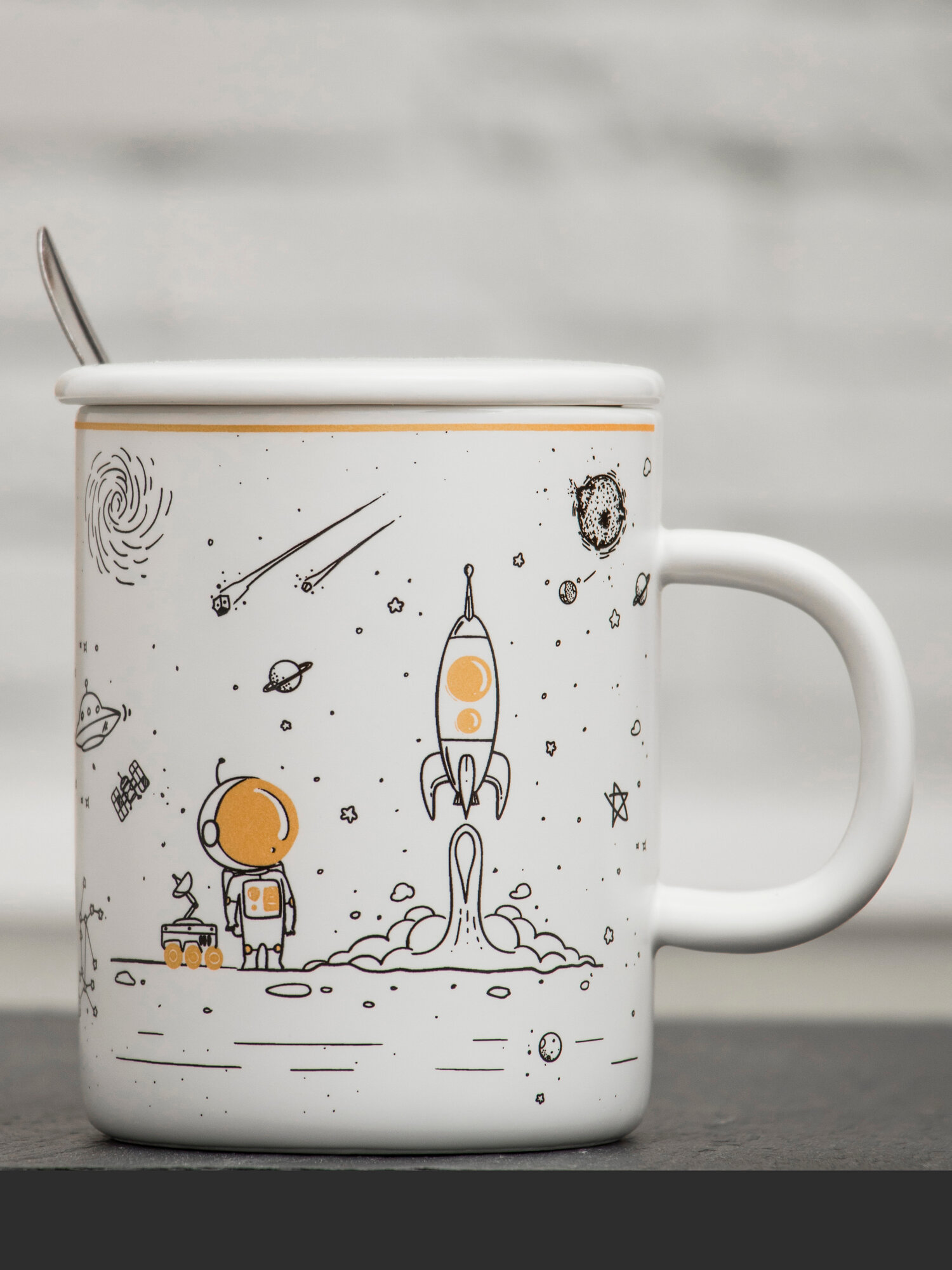 Кружка для чая Космический мультик (N 1) 370 мл, белая, Космос кружка с крышкой и ложкой, детская, подарочная