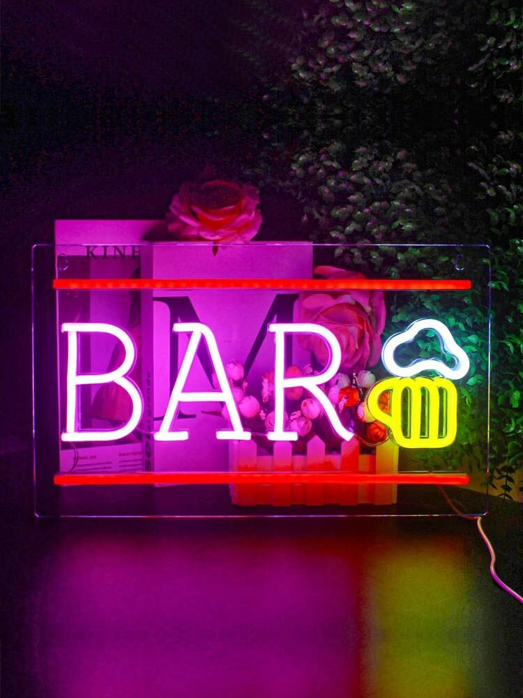 Неоновая вывеска "BAR" LED подсветка USB, жёлто-розовая, для бара, ресторана, вечеринки и свадьбы
