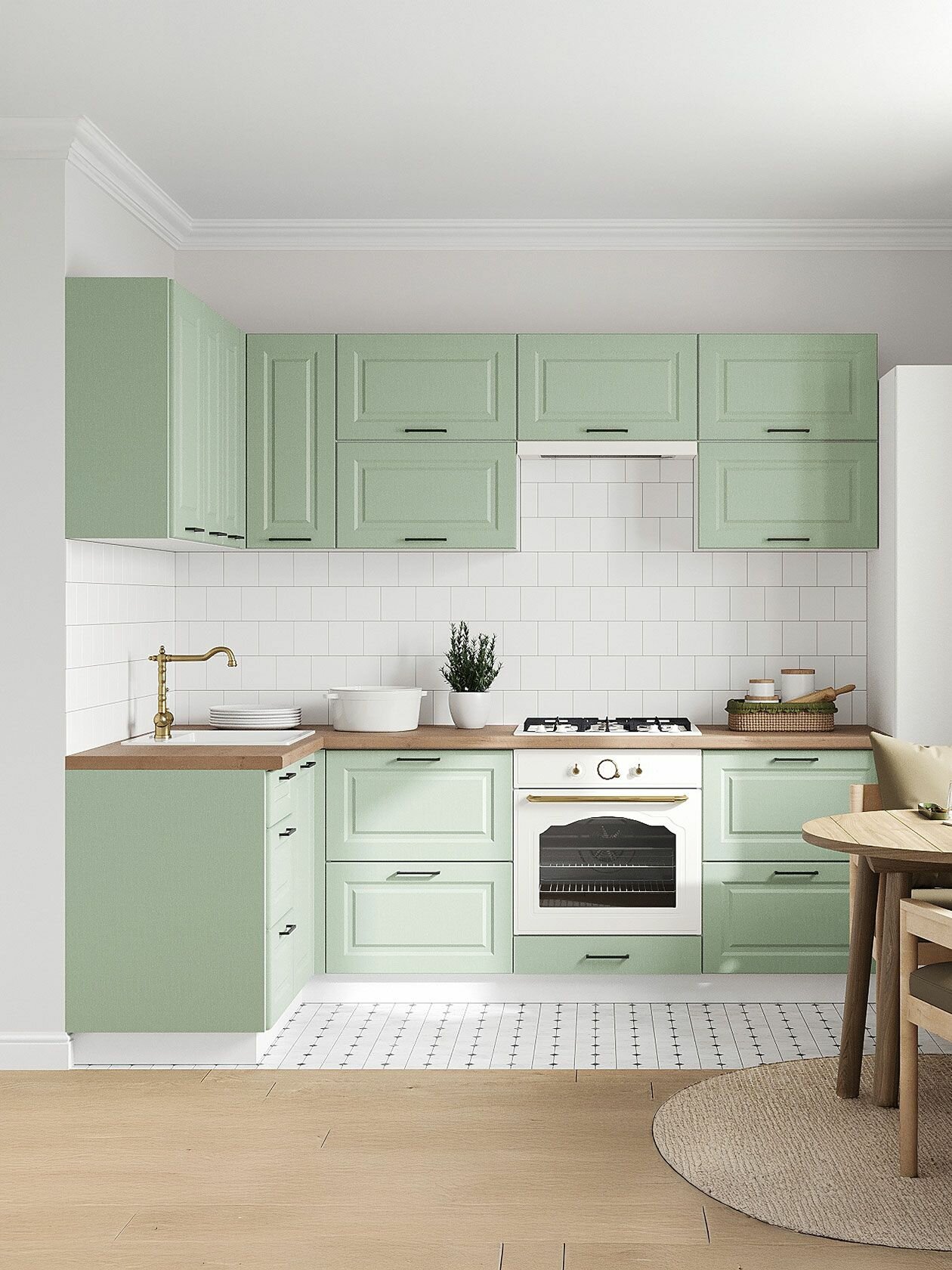 Кухонный гарнитур угловой Шервуд 2.4х1.4 м, мебель для дома и кухни, Белый / Шато мята