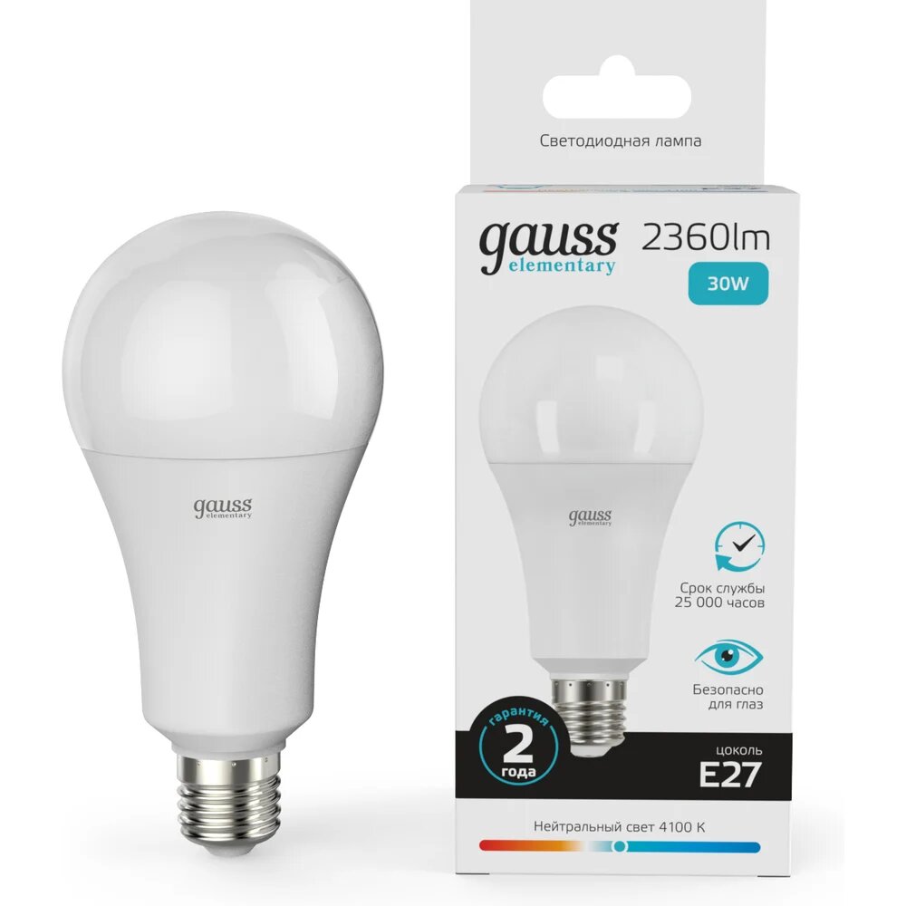 Лампа Gauss LED Elementary A67 30W E27 4100K 1/10/50 SQ 73229