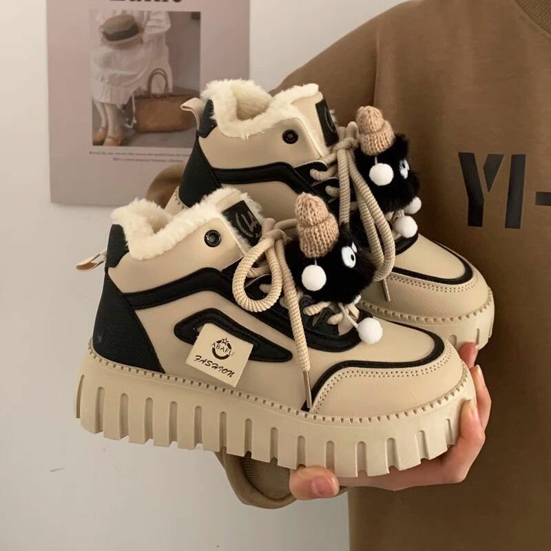 Женские зимние ботинки с толстой нескользящей подошвой, симпатичные, с угольным шариком, новый стиль, универсальные, для студентов, увеличивающие рост, повседневная верхняя одежда из хлопкаРазмер обуви. EU:41