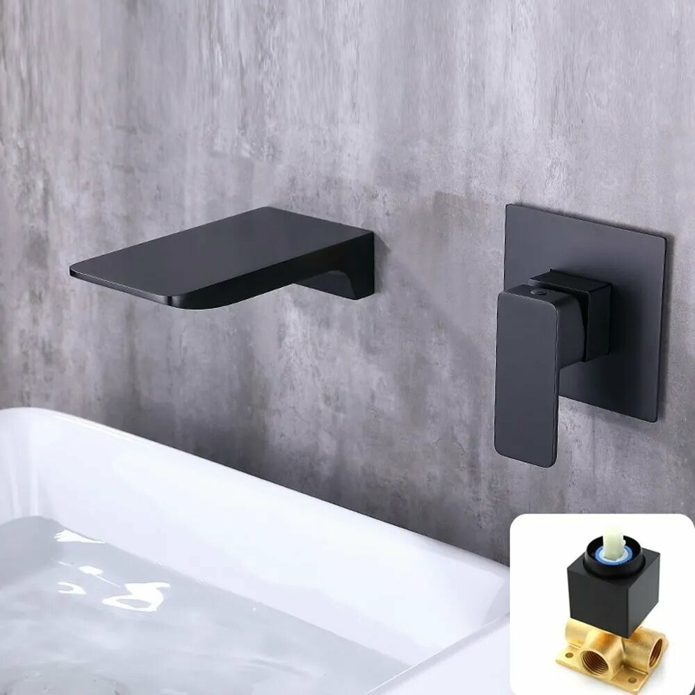 Смеситель для раковины настенный, водопад дизайн излива, массивная латунь, одинарная ручка, смесь холодной и горячей воды, матовый черный, O1E SQ21001BL