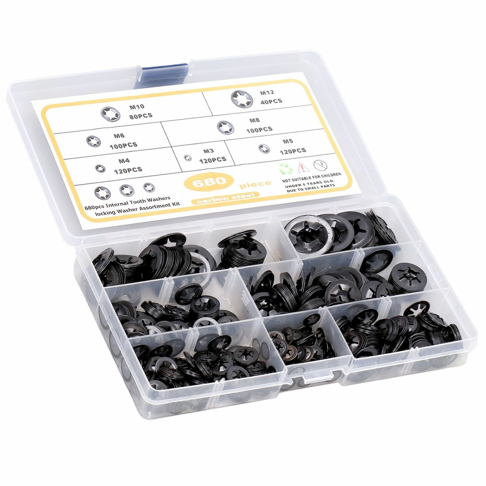 680 шт. Шайбы Starlock, набор плоских стопорных внутренних зубьев, углеродистая сталь M3 M12